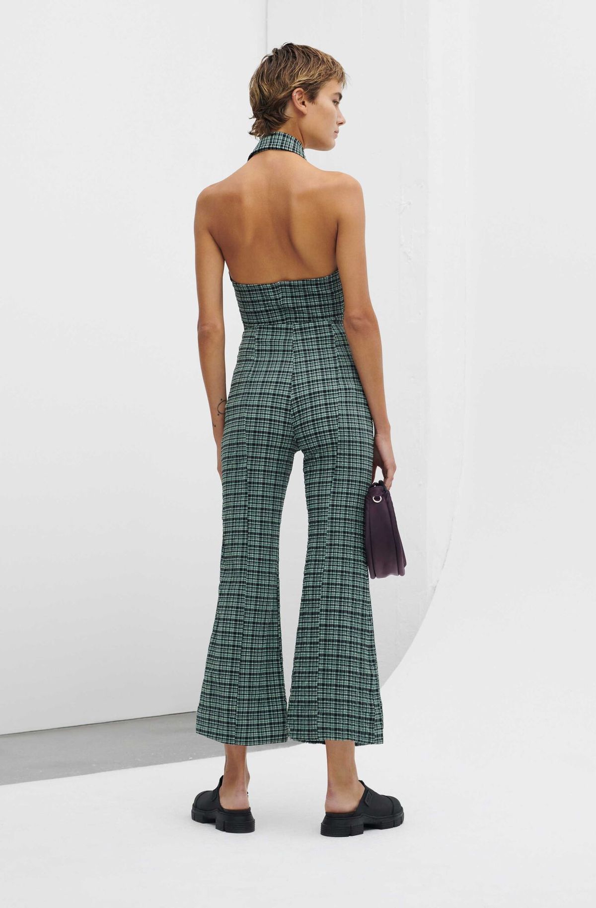 Ganni Stretch Seersucker Button Up Halter Top - Mini Check Green Bay ...